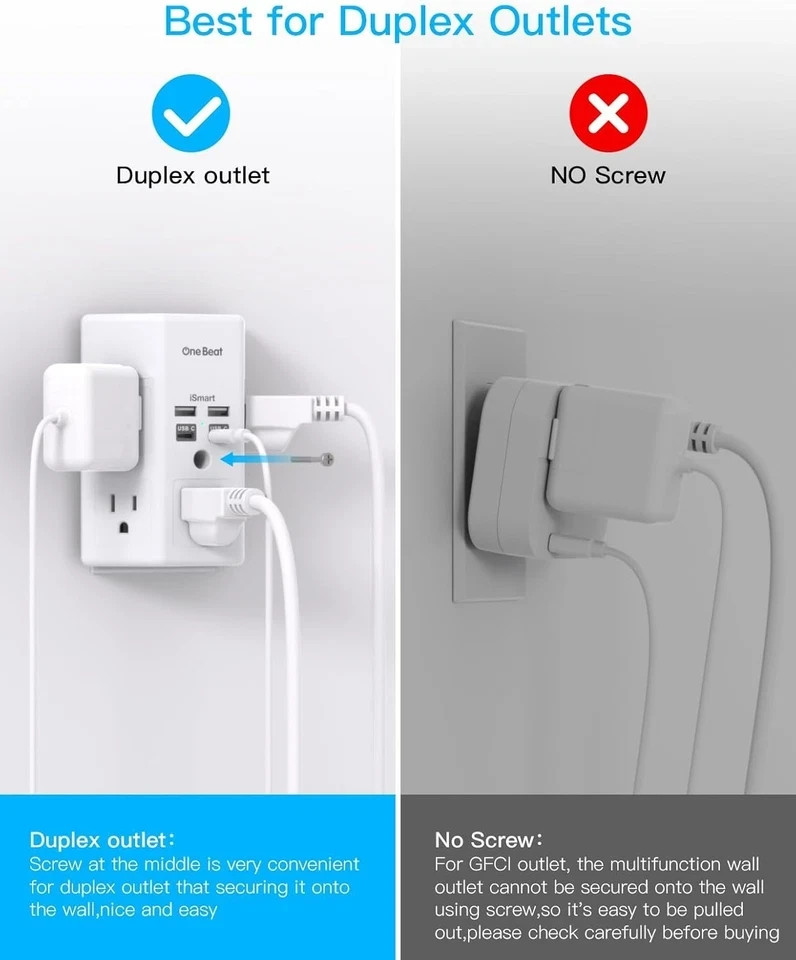 5 Outlet Extender Surge Protector Multi Plug Wall Adapter USB Charger ...