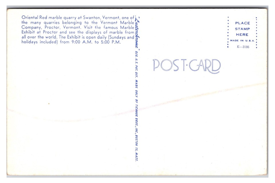 Vintage 1960s- Oriental Red Marble Quarry - Swanton, Vermont Postcard ...