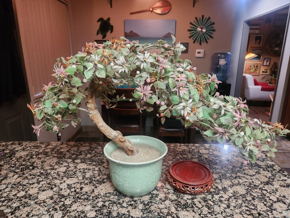 Vintage Chinese Jade Quartz Stone Glass Flower Bonsai Tree 17" x 29 ...