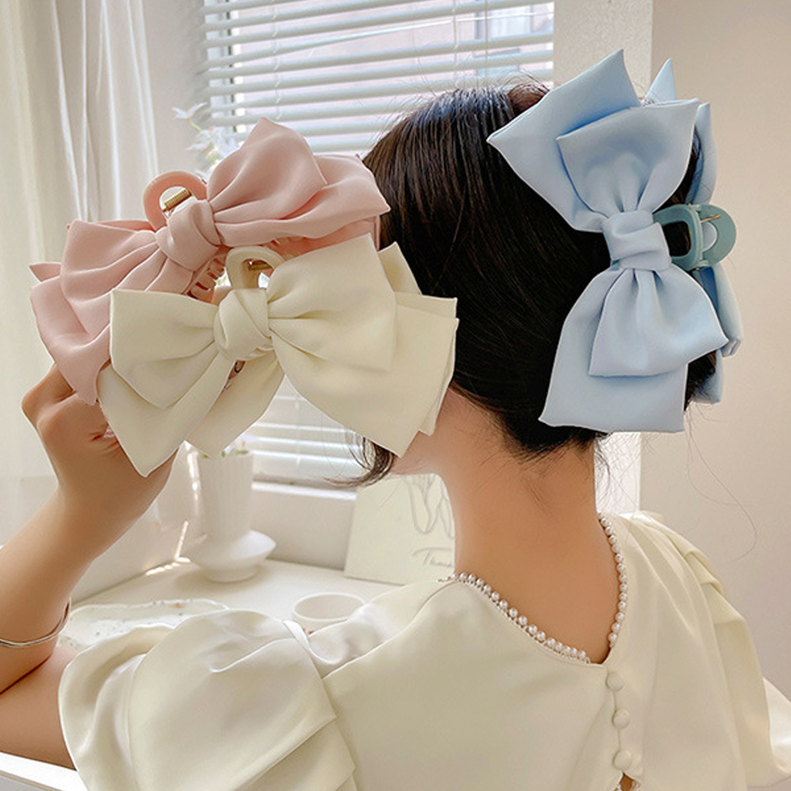 Big Hair Clip Spring Design Gift Smooth Satin Bow Decor Women Hair Claw ...