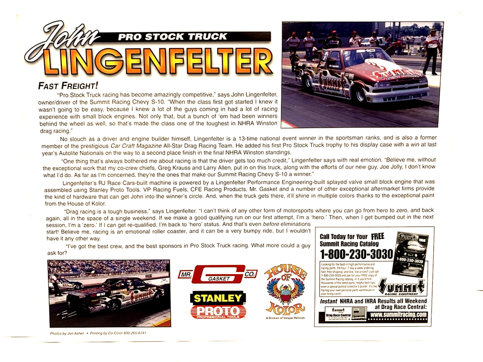 JOHN LINGENFELTER S-10 SUMMIT NHRA PRO STOCK TRUCK DRAG RACING POSTCARD ...