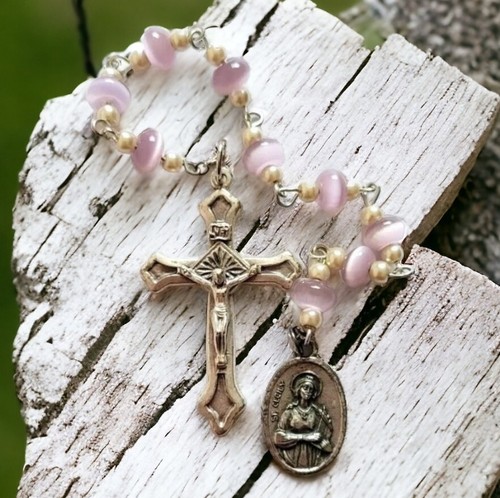 Catholic Pink Bead Rosary Cross Religious Pendant Medal Elegant vtg ...