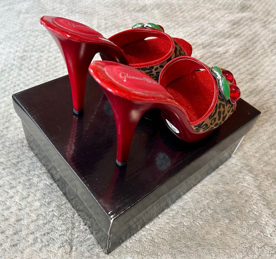 Retro Glamour Bunny Leopard & Cherries Red Glitter High Heel Shoes size ...