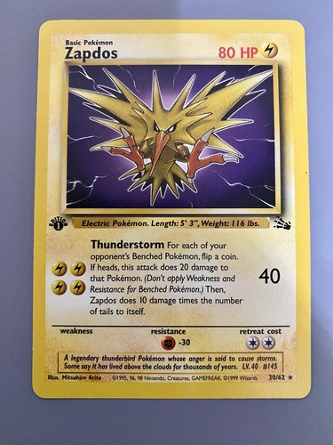1st Edition Zapdos 30/62 Fossil Set Rare Vintage 1999 Pokemon Card | eBay