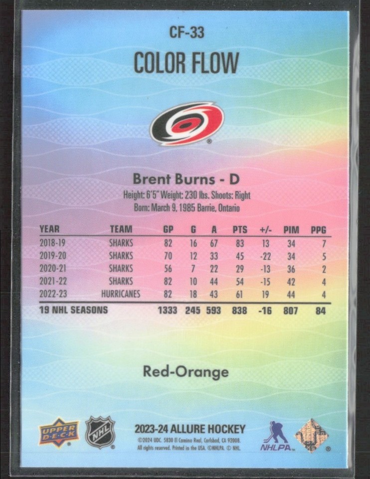 2023-24 UD Allure Brent Burns CF-33 Color Flow Red/Orange | eBay