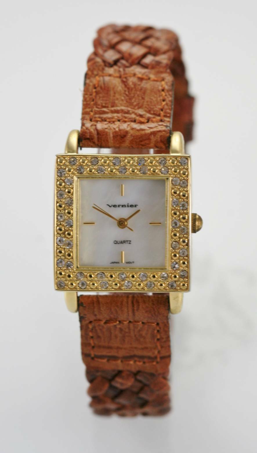 Vernier Watch Womens Pearl Stainless Steel Gold Brown Leather Battery ...