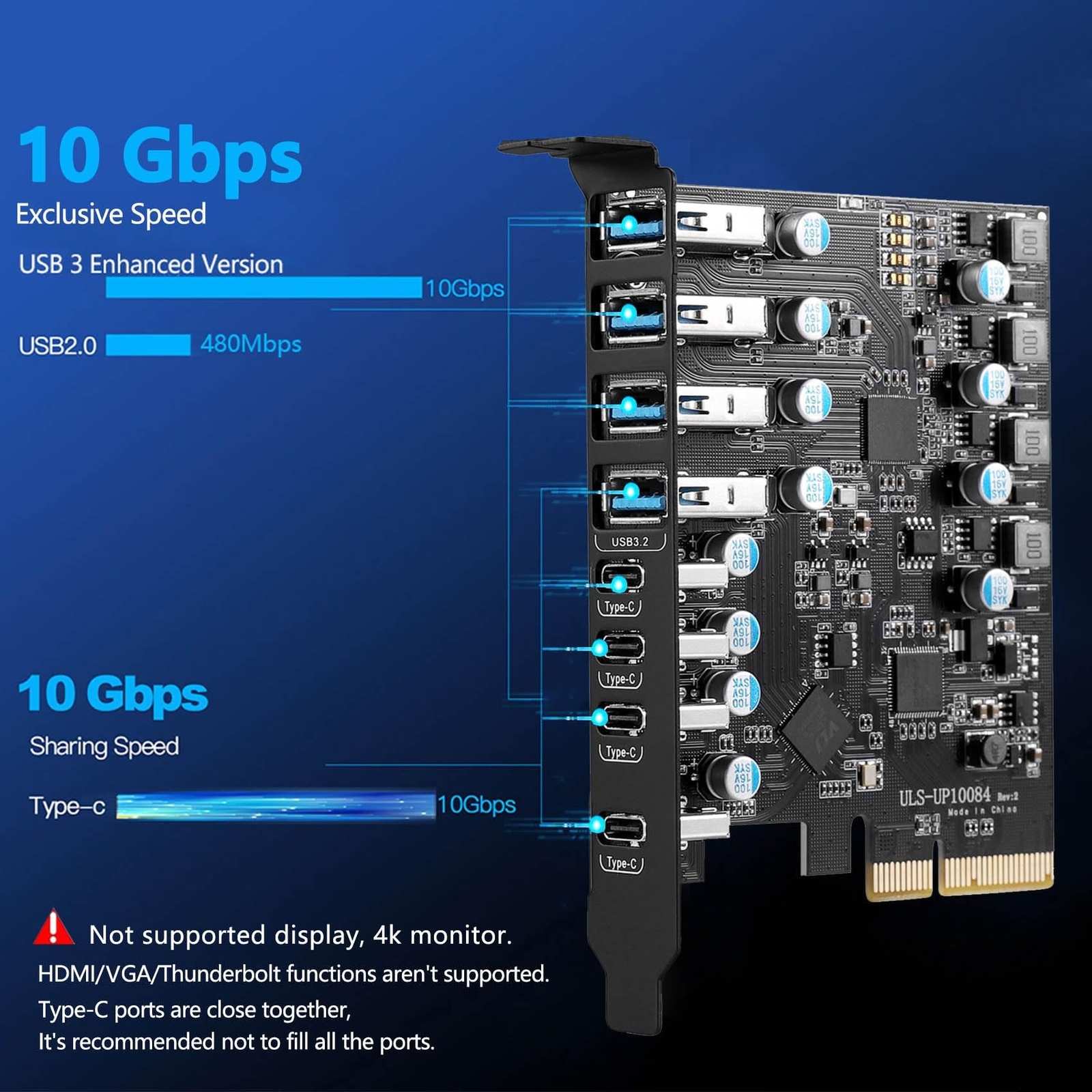 PCIe USB 3.2/3.1 Gen 2 Card 8 Ports (4X Type USB C - 4 USB A) Expansion ...