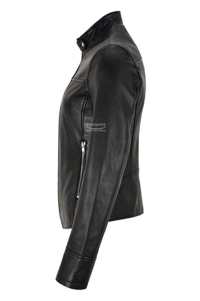 Ladies Leather Jacket Black Slim Real Lambskin Short Rock Tops Racer ...