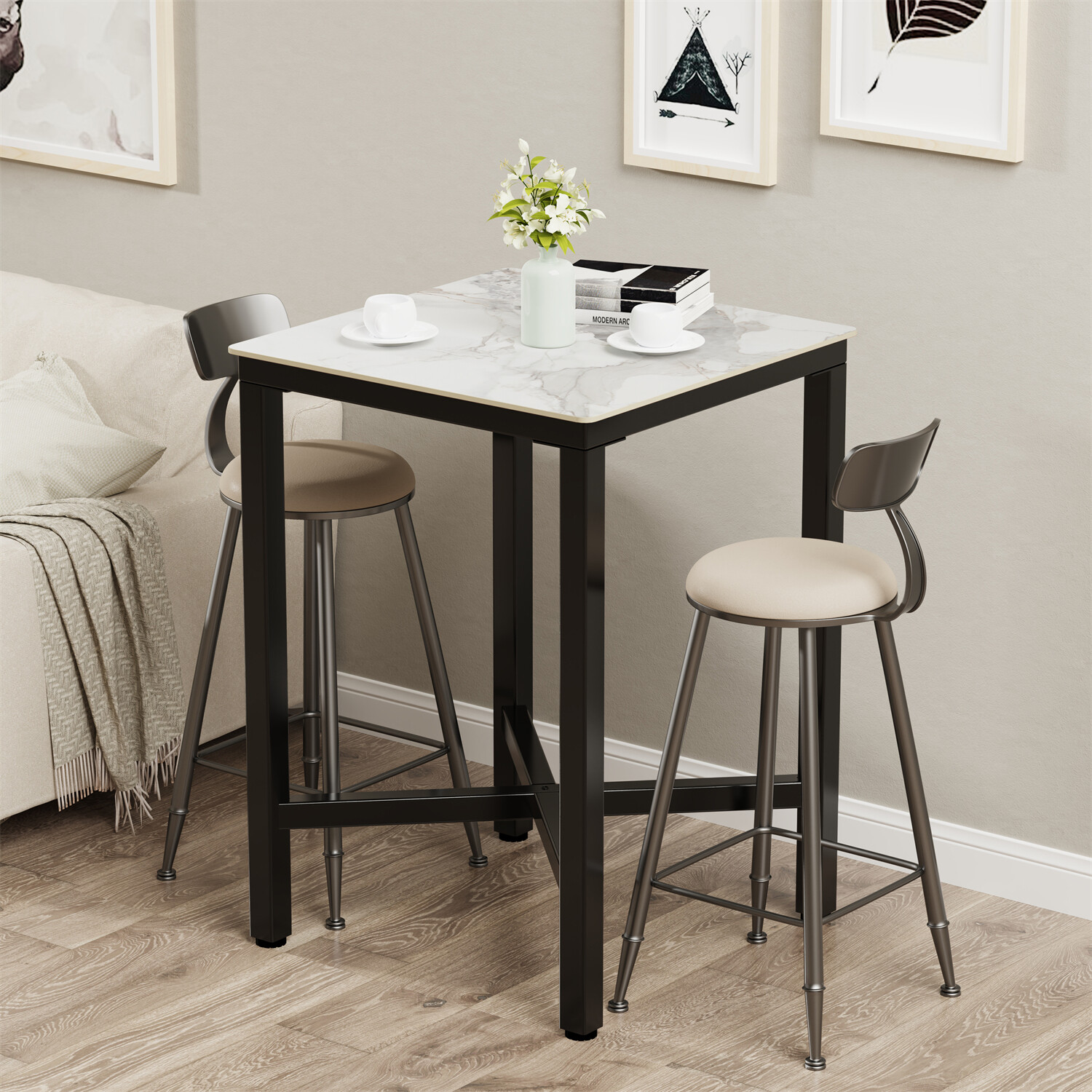 42 Inch High Square Marble Top Pub Table with Metal Frame Breakfast Bar ...