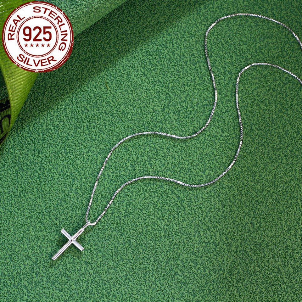 S925 Cross Polished Dangle Pendant Necklace Solid 925 Sterling Silver ...
