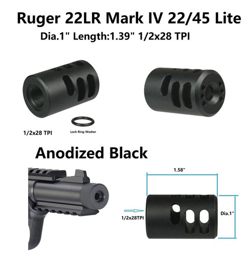 1" Dia Black Anodized Aluminum Ruger Mark IV 22/45 1/2x28 TPI Muzzle ...