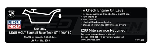 BMW E46 M3 S54 Oil Sticker Liqui Moly 10W-60 | White | Customized ...