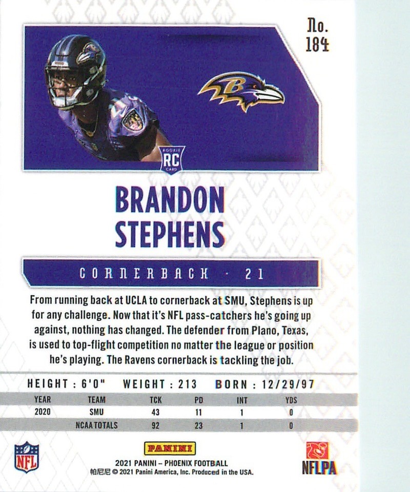 Brandon Stephens RC 2021 Phoenix Football Rookie Card #184 Baltimore ...
