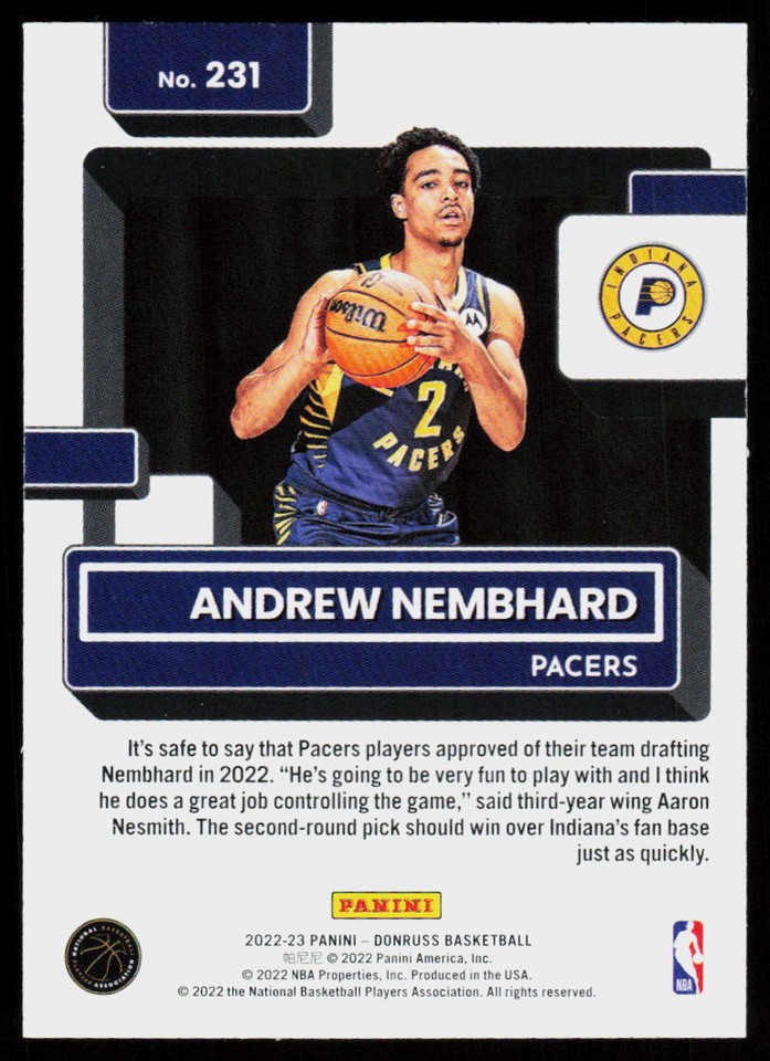 2022-23 Donruss Andrew Nembhard #231 BASKETBALL Rookie Indiana Pacers ...