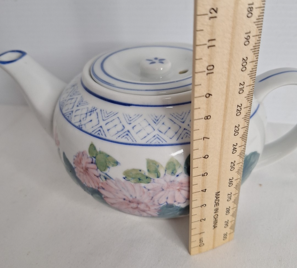 Vintage Chinese Porcelain Teapot Blue & White Pink Flower Teapot ...
