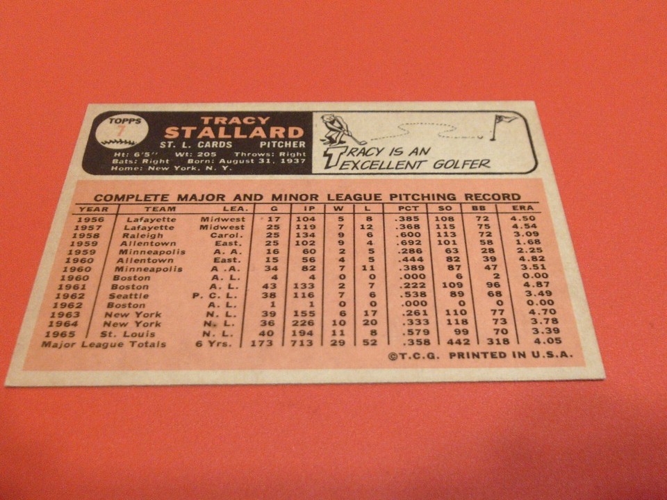 1966 TOPPS # 7 TRACY STALLARD CARDS NEAR MINT / MINT OR BETTER !! | eBay