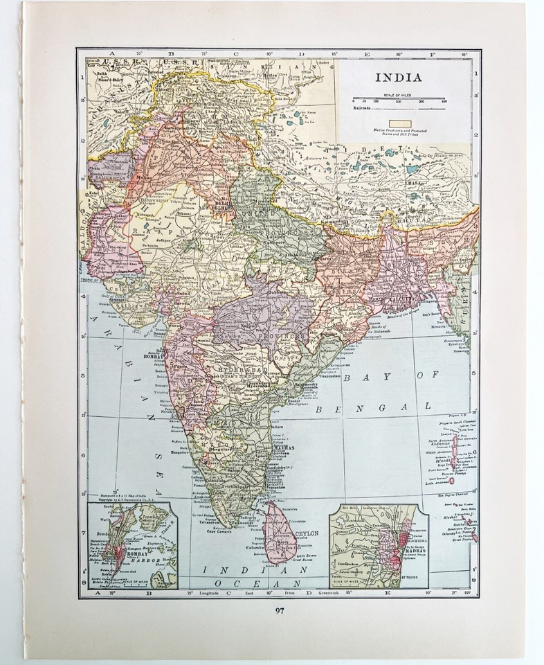 Map Of India 1938 Asia Print Antique Atlas Bay Of Bengal Arabian Sea ...