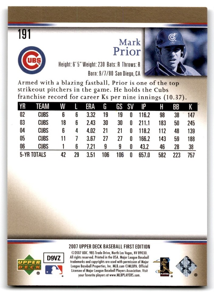 2007 Upper Deck First Edition Mark Prior Baseball Cards #191 | eBay
