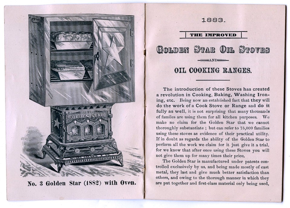 1883 HOUSEHOLD NECESSITY Golden Star Oil Stoves Ranges Catalog Myers ...