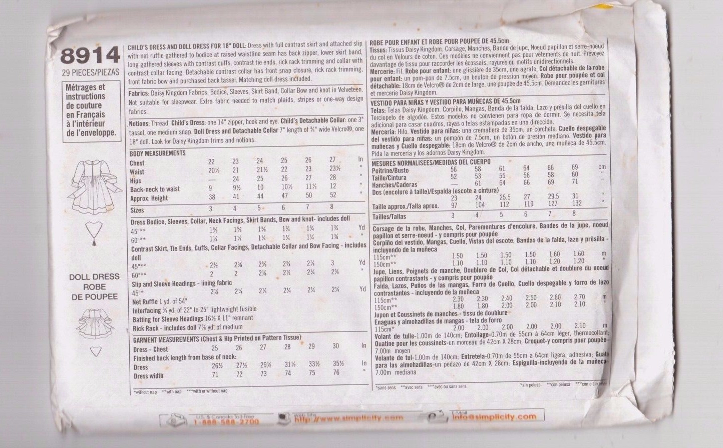 Simplicity 8914 Daisy Kingdom Child Dress and 18 Inch Doll Pattern Sz 3 ...