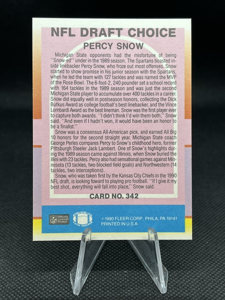 1990 Fleer Football NFL Draft Choice Percy Snow Kansas City Chiefs RC ...