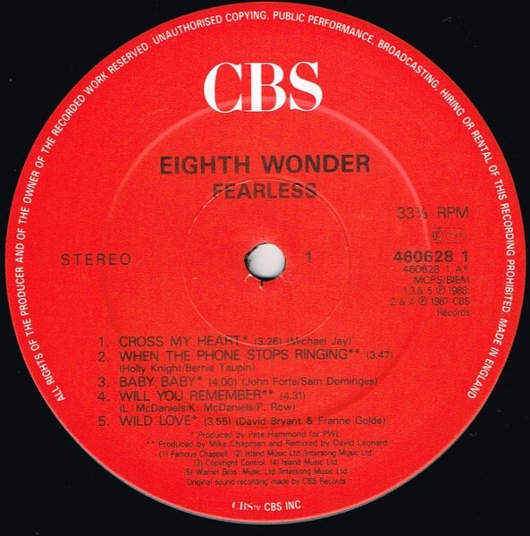 EIGHTH WONDER Fearless Vinyl Record Album LP CBS 1988 1st Patsy Kensit ...