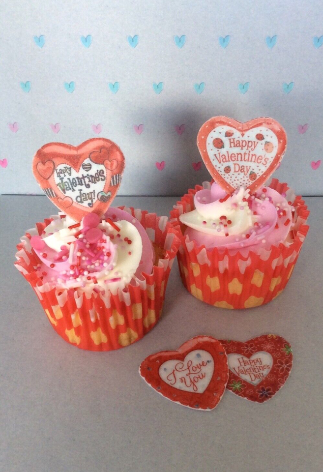 24 Happy Valentine's Day Hearts Cup Cake Toppers Edible Wafer Paper ...