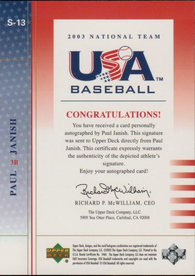 Paul Janish 2003 UD USA Baseball Team USA Signatures Autograph 014/250 ...