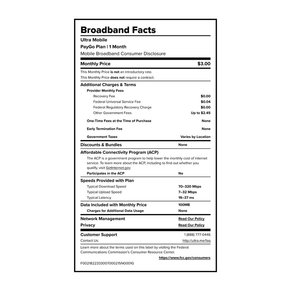 Ultra Mobile PayGo Plan + SIM Card | $3/mo | 100 Minutes | 1-2 GB Data ...