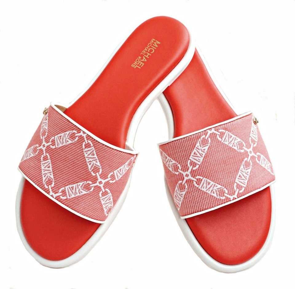 Michael Kors Shoes Saylor Empire Logo Jacquard Slide Sandals Coral Size ...