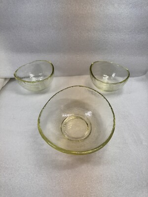 Set of 3 Gilmor Art Glass Wave Textured Clear Yellow/Green Glass Bowl ...