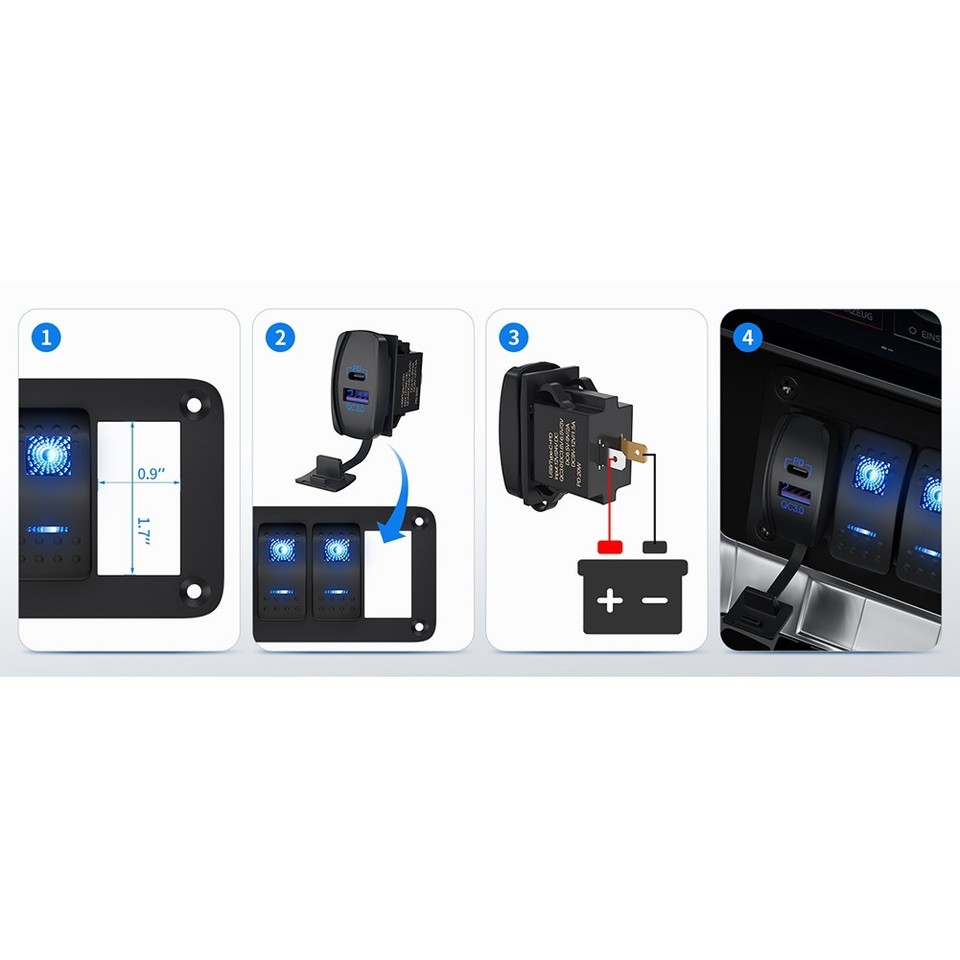 USB Rocker Switch 12V USB C & QC 3.0 Dual Ports Outlet PD Socket for ...