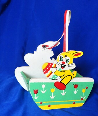 VTG 1960'S JAPAN COLLAPSIBLE WOOD EASTER BASKET W BUNNY & HANDLE FOLDS ...
