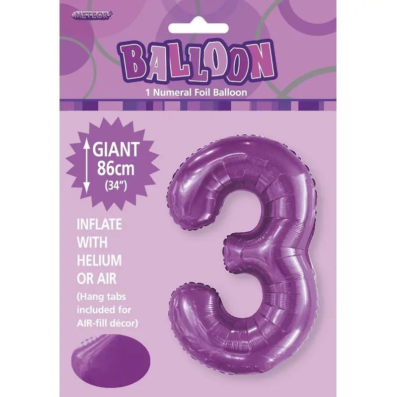 Pretty Purple Number "3" Giant Numeral Foil Balloon 86cm 34" Birthday ...