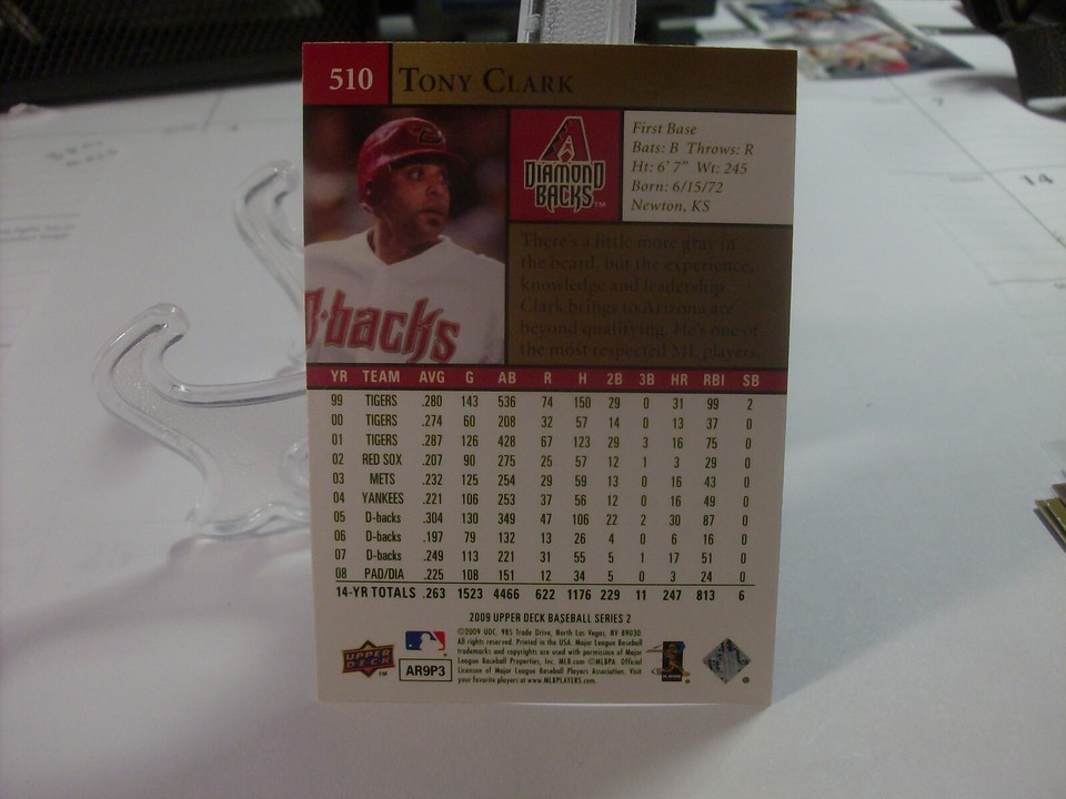 2009 Upper Deck Baseball #510 - Tony Clark - Arizona Diamondbacks 09 ...