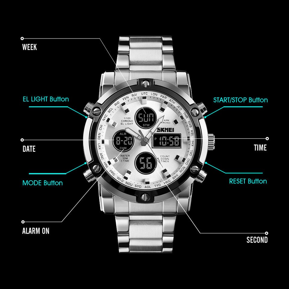 SKMEI Men Quartz Watch LED Digital Steel Wristwatch Casual Business ...