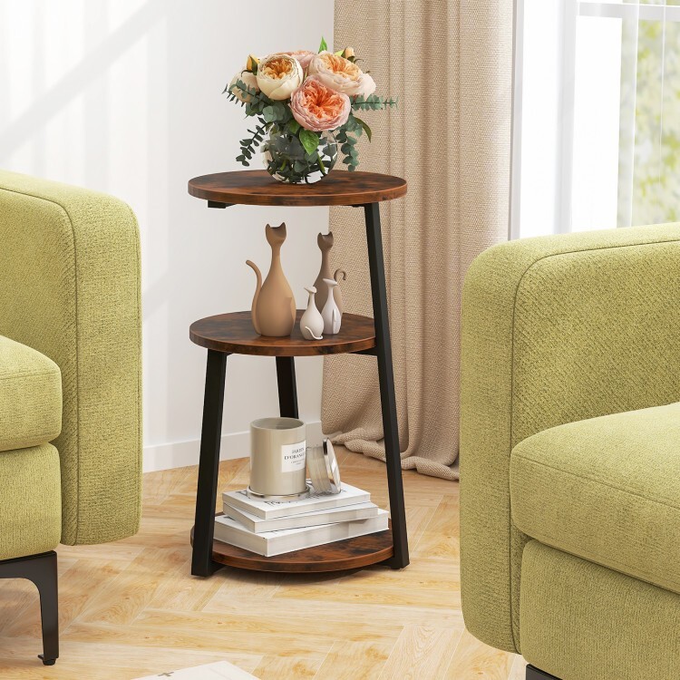3-Tier Bedside Table Accent Round Side Table Living Room w/Robust Metal ...