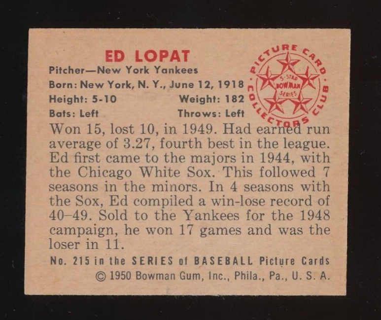 1950 Bowman Ed Lopat #215 New York Yankees EX-MT-NM | eBay