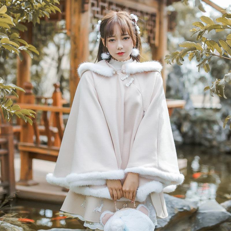 Lady Hooded Cape Chinese Hanfu Frog Button Fluffy Cloak Shawl Poncho ...