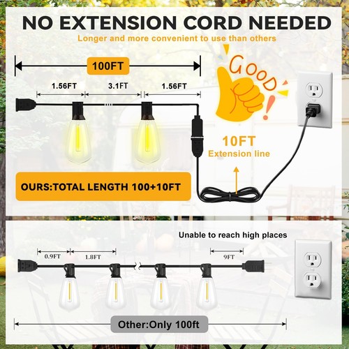 100 + 10 FT LED Outdoor String Lights For Patio Deck Waterproof ...