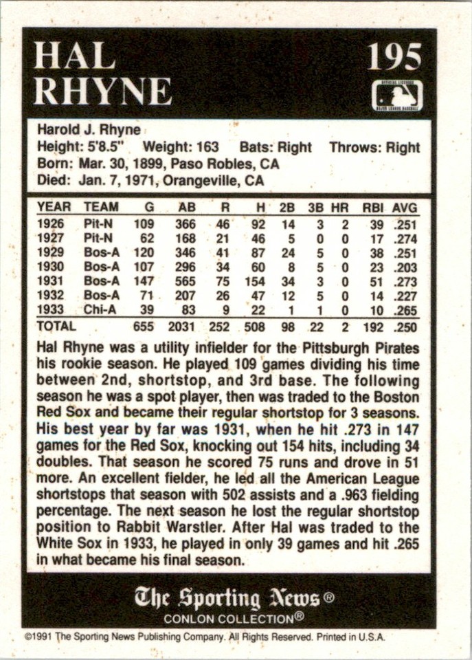 1991 CONLON COLLECTION TSN - #195 HAL RHYNE BOSTON RED SOX | eBay