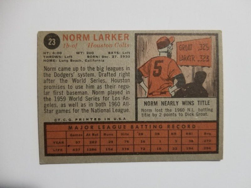 NORM LARKER 1962 TOPPS BASEBALL CARD #23 HOUSTON COLTS | eBay