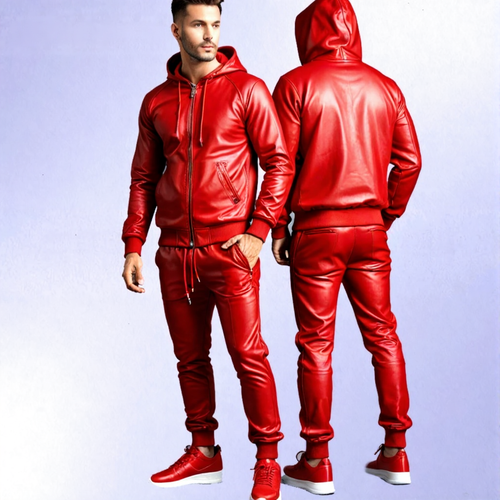 Men's Genuine Red Leather Track Suit Sweatsuit Jogging Hoodie Tracksuit ...