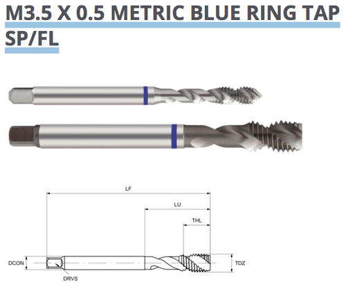 M3.5 x 0.6 SPIRAL FLUTE TAP HSS-E 6H BLUE RING DIN371 TM37160350 EUROPA ...