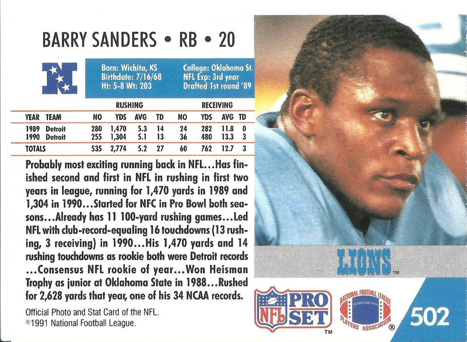 1991 Barry Sanders Pro Set #502 (NM/MINT) HOF | eBay