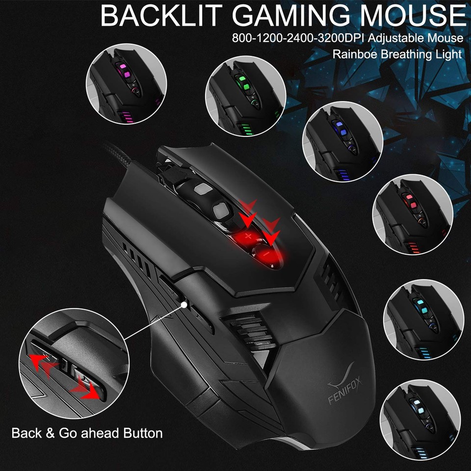 FENIFOX Gaming Keyboard and Mouse, Wired Backlit Rainbow Ergonomic ...