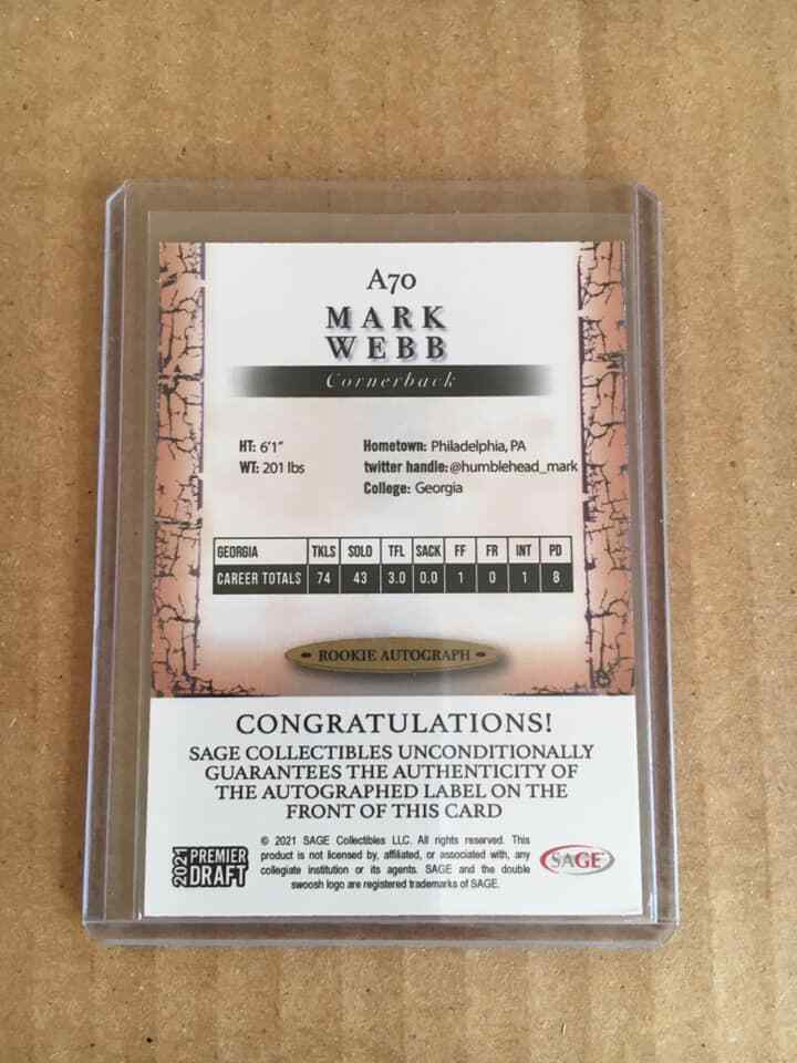 2021 SAGE PREMIER DRAFT #70 RC MARK WEBB RED AUTOGRAPHED CARD GEORGIA ...