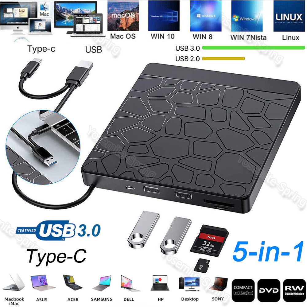 USB C Type-C External CD/DVD ROM Drive Disc Burner Reader Player PC ...