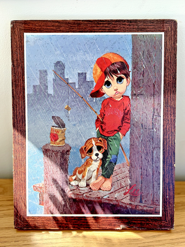 70’s Big Eyes Sad Waif Boy and Puppy Fishing Vintage Wall Art by Lee ...