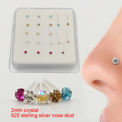 Sterling Silver Nose Stud Multicolored Crystal Clear Nose Pin Bar 2MM 1 ...